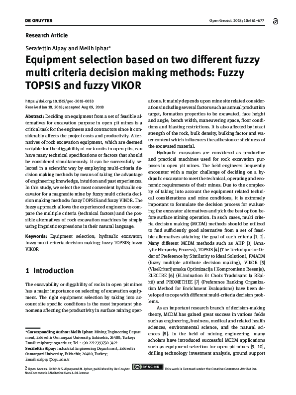 (PDF) Equipment selection based on two different fuzzy multi criteria decision making methods ...