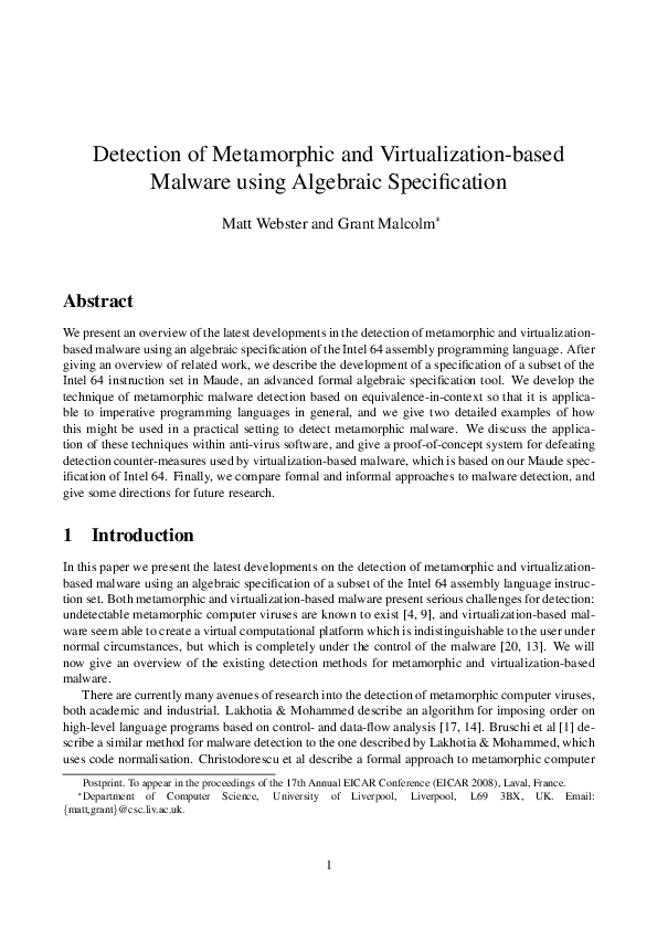 (PDF) Detection of metamorphic and virtualization-based malware using algebraic specification