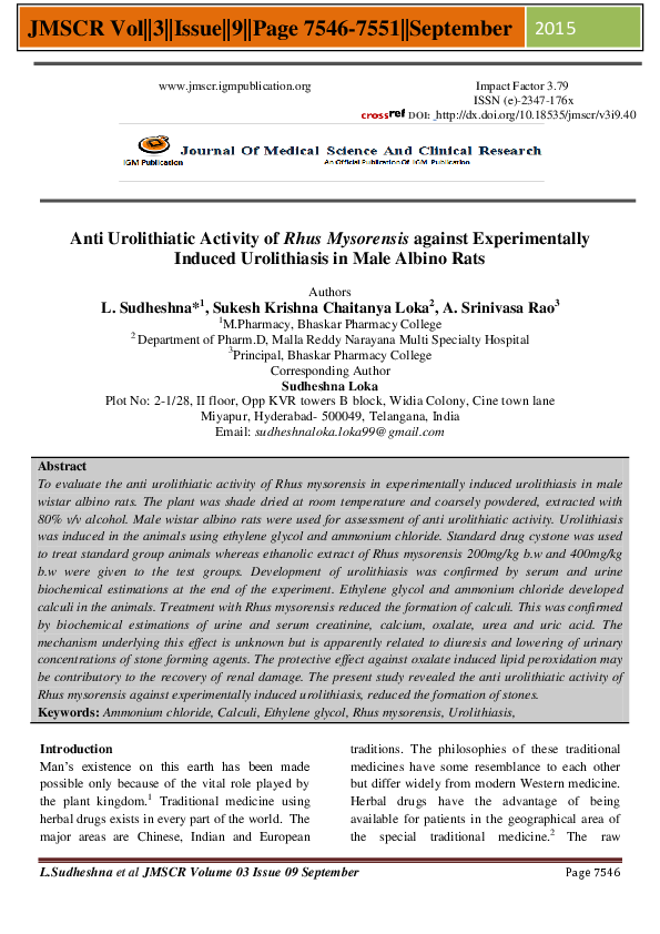 (PDF) Anti Urolithiatic Activity of Rhus Mysorensis against ...