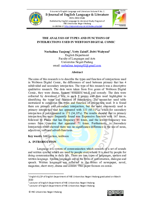 (PDF) The Analysis of Types and Functions of Interjections Used in ...