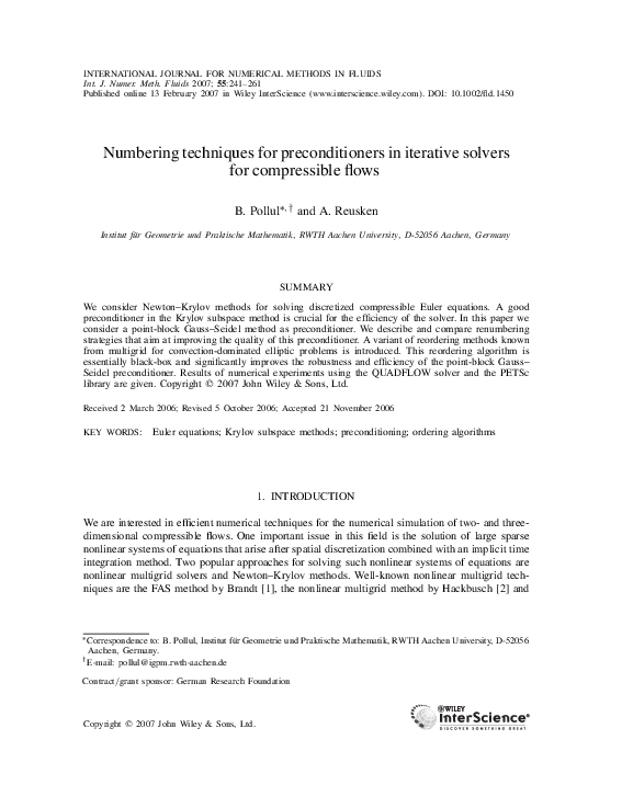 Pdf Numbering Techniques For Preconditioners In Iterative Solvers For Compressible Flows