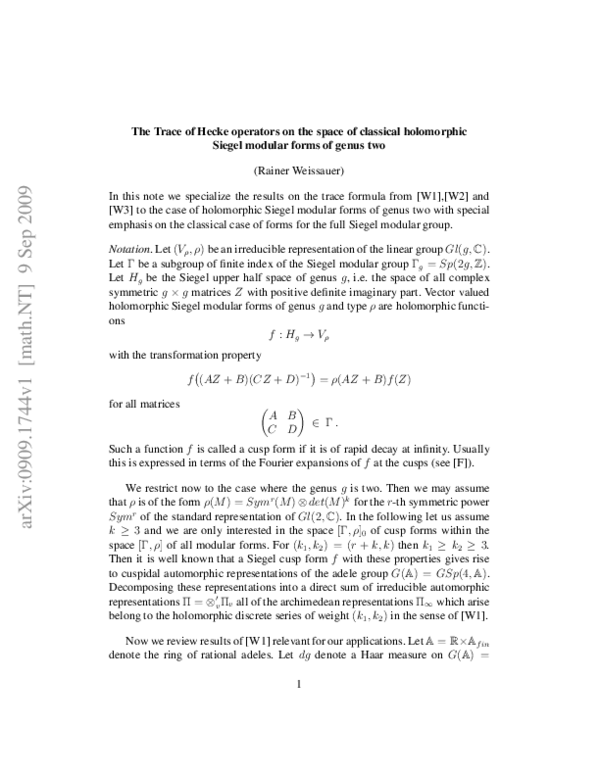 Pdf The Trace Of Hecke Operators On The Space Of Classical Holomorphic Siegel Modular Forms Of
