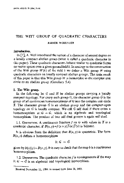 (PDF) The Witt group of quadratic characters