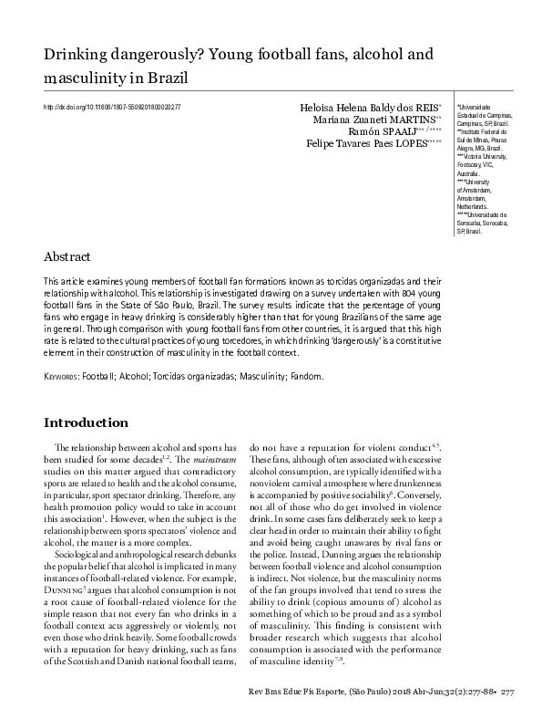 (PDF) Drinking dangerously? Young football fans, alcohol and masculinity in Brazil