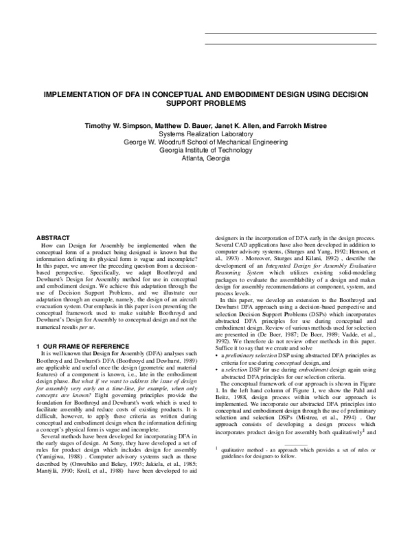 (PDF) Implementation of DFA in conceptual and embodiment design using decision support problems