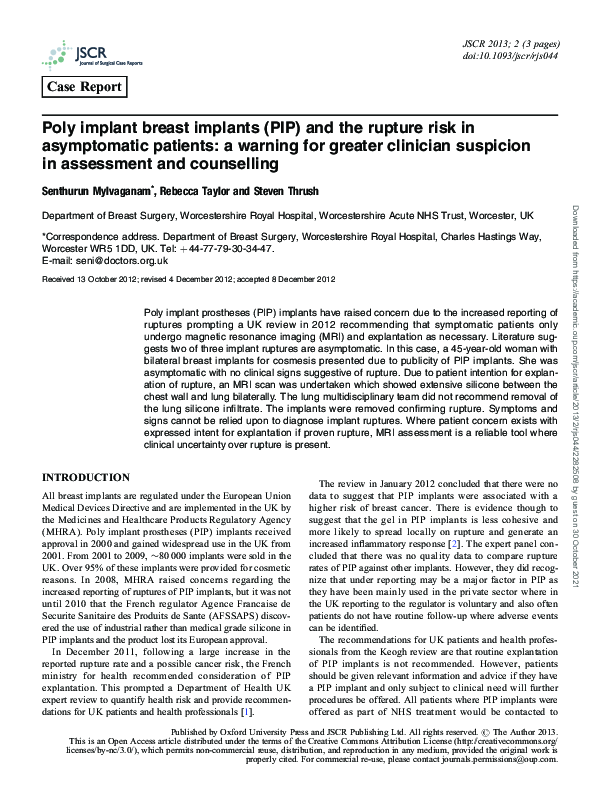 (PDF) Poly implant breast implants (PIP) and the rupture risk in ...