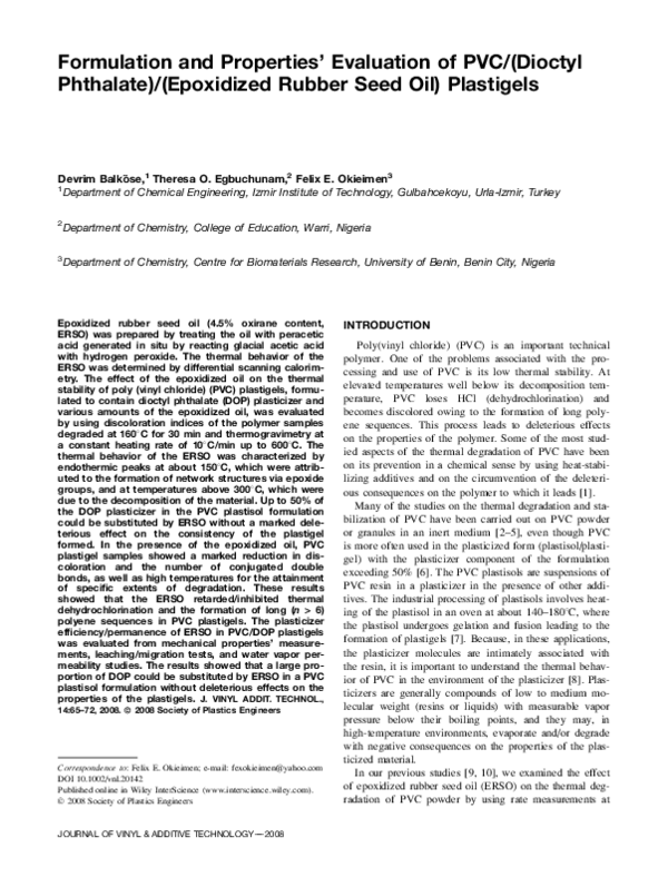 (PDF) Formulation and properties' evaluation of PVC/(dioctyl phthalate ...