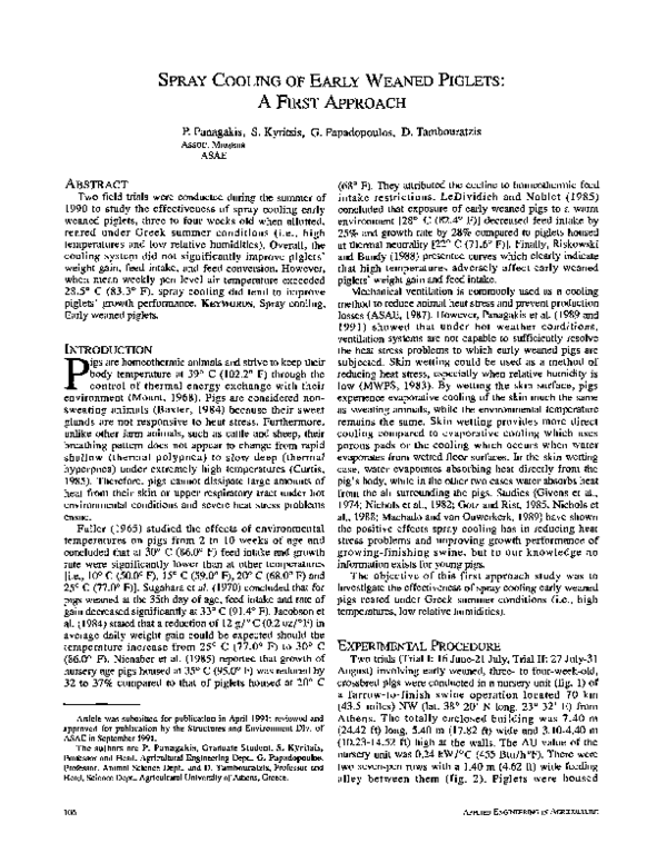 (PDF) SPRAY COOLING OF EARLY WEANED PIGLETS: A FIRST APPROACH