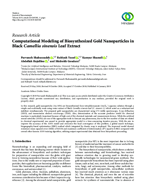 (PDF) Computational Modeling of Biosynthesized Gold Nanoparticles in Black Camellia sinensis ...