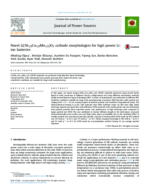 (PDF) Novel Li(Ni1/3Co1/3Mn1/3)O2 cathode morphologies for high power Li-ion batteries