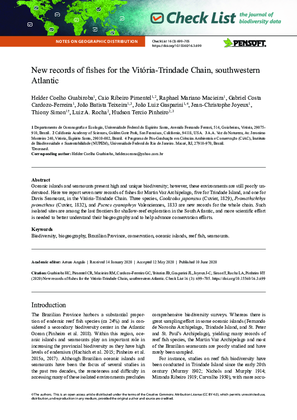 (PDF) New records of fishes for the Vitória-Trindade Chain ...