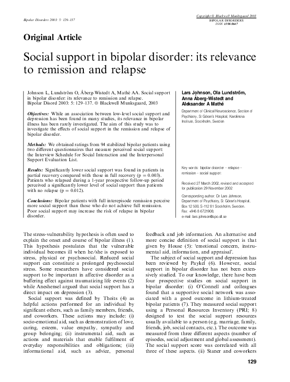 (PDF) Social Support In Bipolar Disorder: Its Relevance to Remission and Relapse