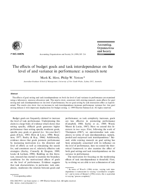(PDF) The effects of budget goals and task interdependence on the level of and variance in ...