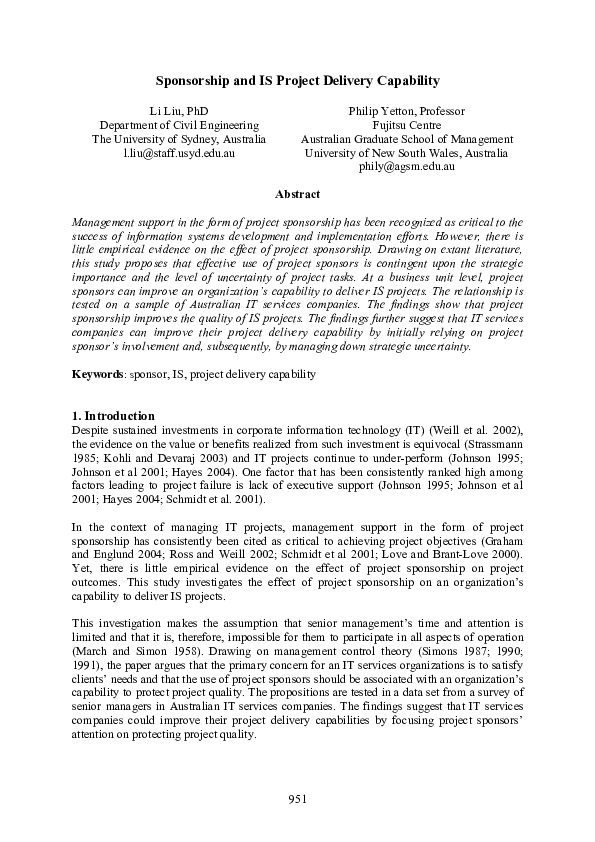 (PDF) Sponsorship and IS Project Delivery Capability
