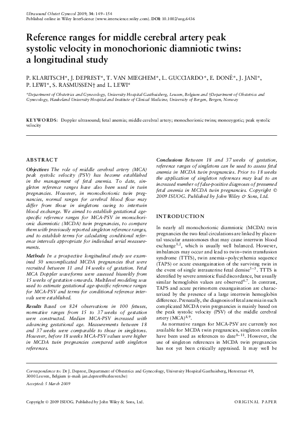 Reference ranges for middle cerebral artery peak systolic velocity in ...