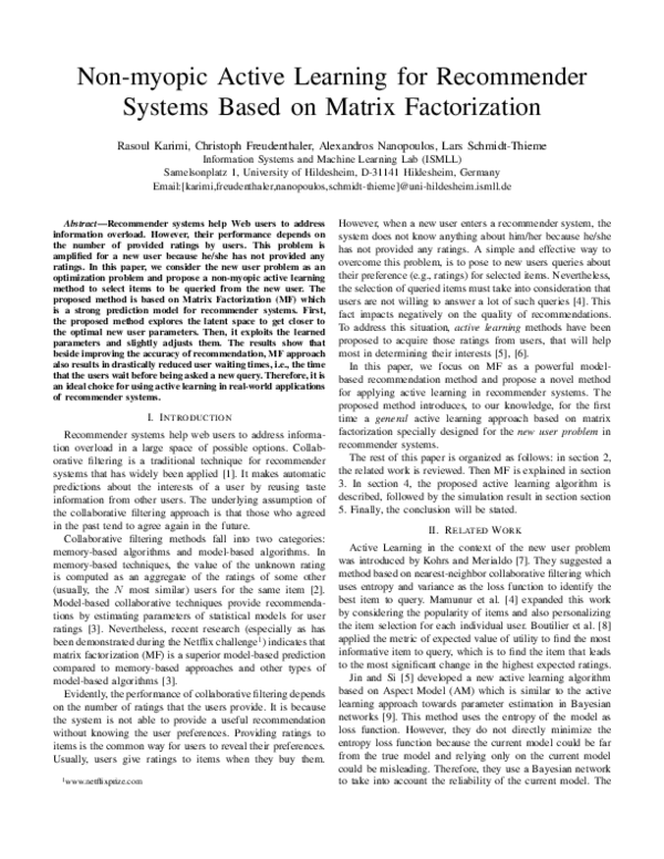 (PDF) Non-myopic active learning for recommender systems based on Matrix Factorization | rasoul ...