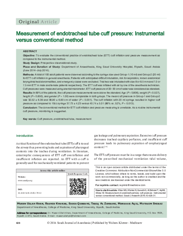 (PDF) Measurement of endotracheal tube cuff pressure: Instrumental ...
