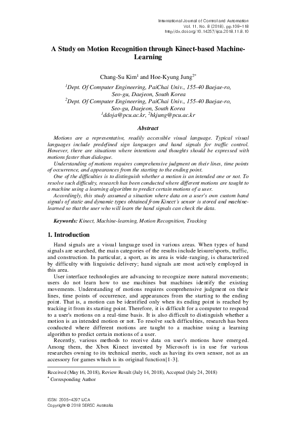 (PDF) A Study on Motion Recognition through Kinect-based Machine- Learning
