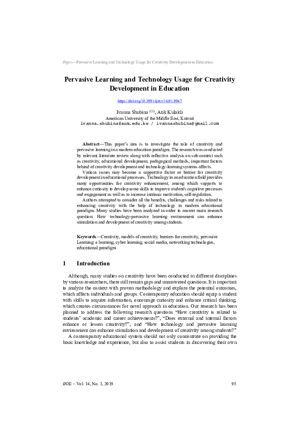 (PDF) Pervasive Learning and Technology Usage for Creativity ...
