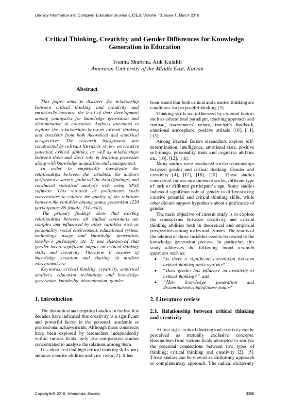 (PDF) Critical Thinking, Creativity and Gender Differences for ...