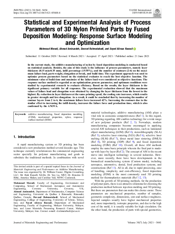 (PDF) Statistical and Experimental Analysis of Process Parameters of 3D Nylon Printed Parts by ...