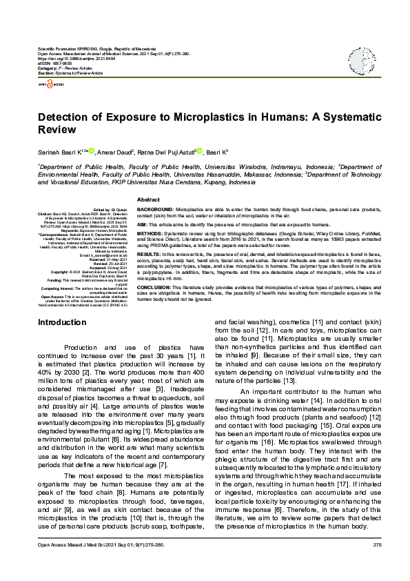 (PDF) Detection of Exposure to Microplastics in Humans: A Systematic Review