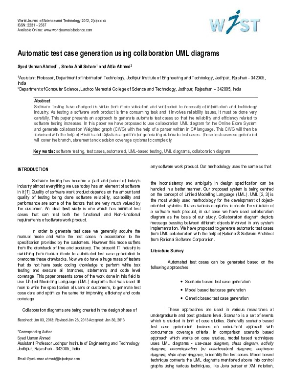 Pdf Automatic Test Case Generation Using Collaboration Uml Diagrams