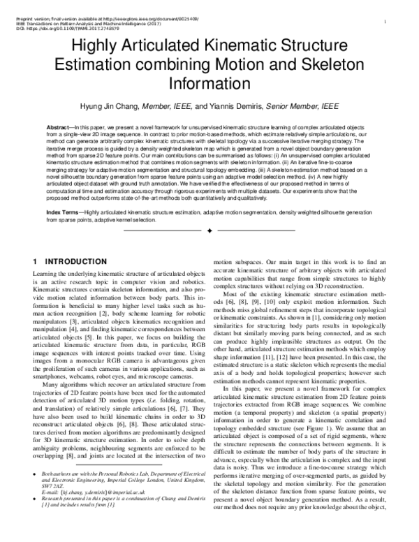 (PDF) Highly Articulated Kinematic Structure Estimation combining Motion and Skeleton Information