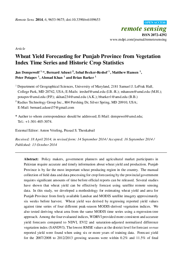 (PDF) Wheat Yield Forecasting for Punjab Province from Vegetation Index Time Series and Historic ...