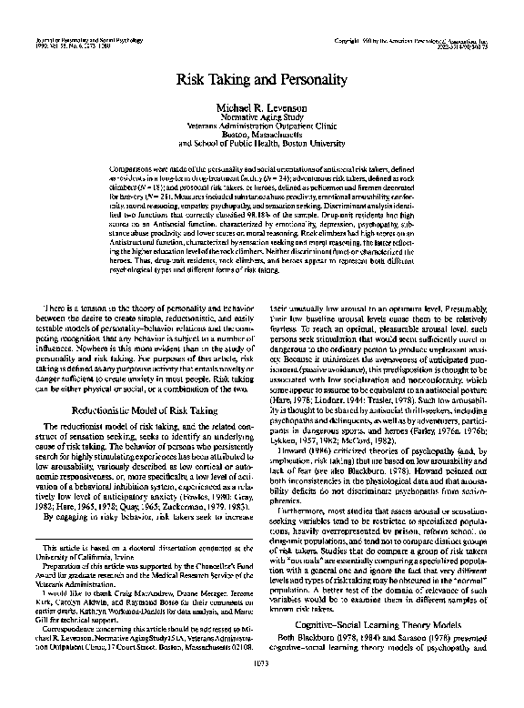 (PDF) Risk taking and personality