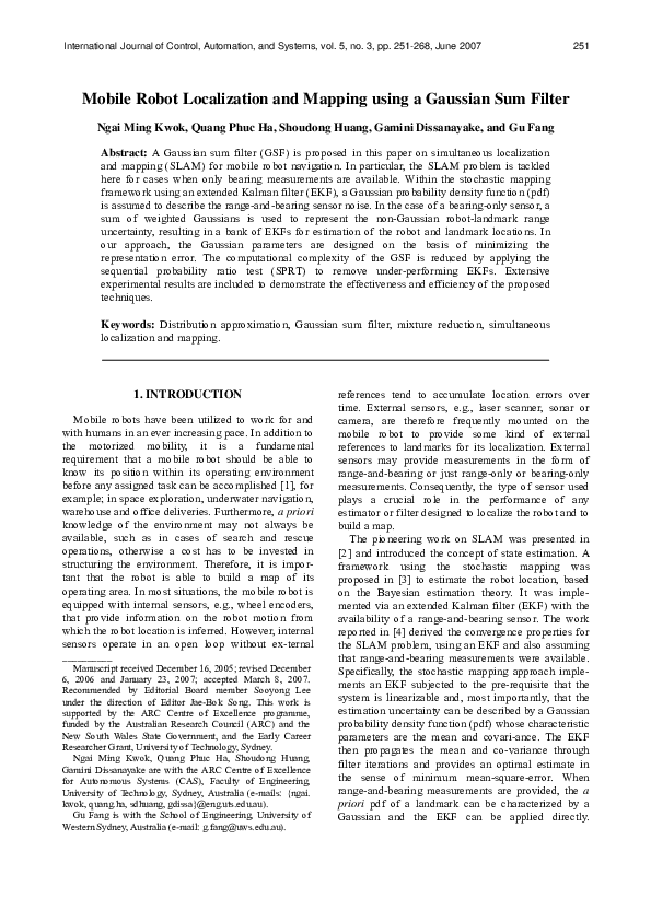Pdf Mobile Robot Localization And Mapping Using A Gaussian Sum Filter