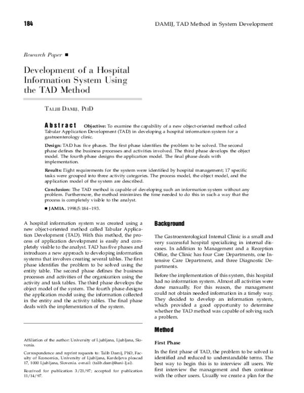 (PDF) Development of a Hospital Information System Using the TAD Method