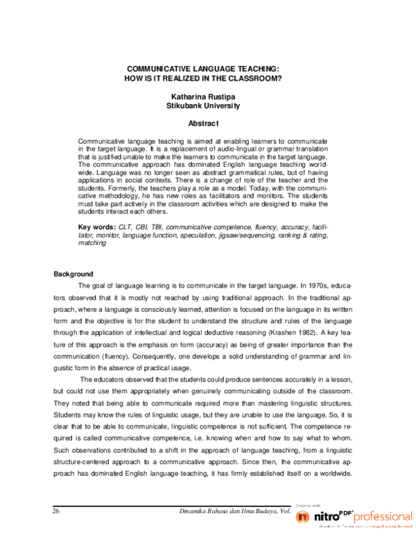 (PDF) Communicative Language Teaching: How is It Realized in the Classroom?