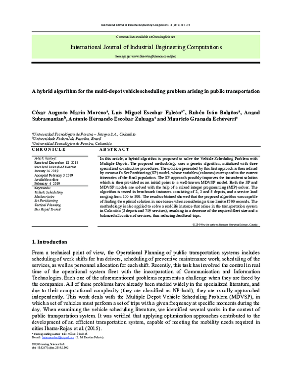 Pdf A Hybrid Algorithm For The Multi Depot Vehicle Scheduling Problem