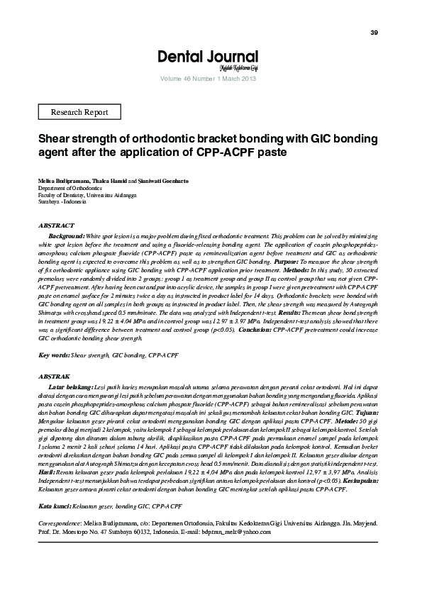 Pdf Shear Strength Of Orthodontic Bracket Bonding With Gic Bonding