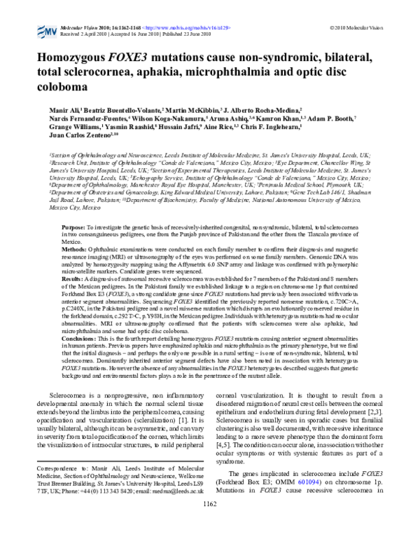 (PDF) Homozygous FOXE3 mutations cause non-syndromic, bilateral, total ...