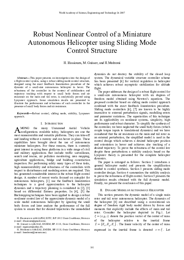 (PDF) Robust Nonlinear Control of a Miniature Autonomous Helicopter using Sliding Mode Control ...