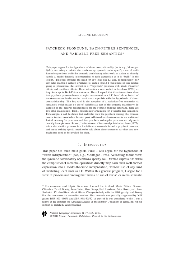 (PDF) Paycheck pronouns, Bach-Peters sentences, and variable-free semantics