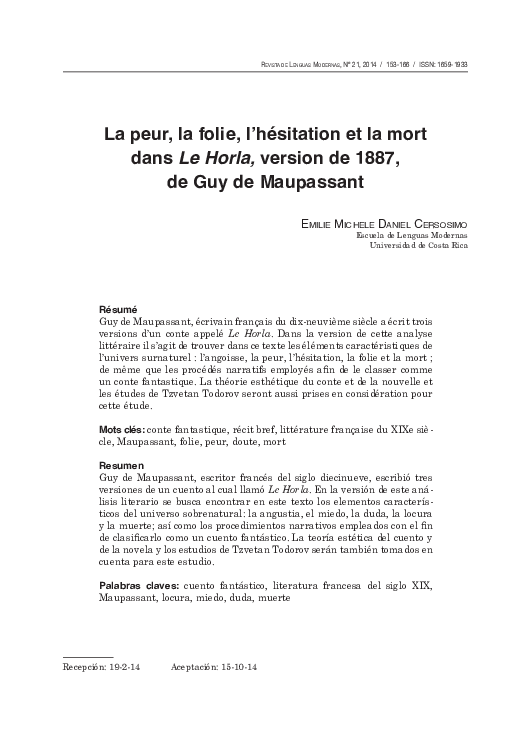 (PDF) La peur, la folie, l’hésitation et la mort dans Le Horla, version ...