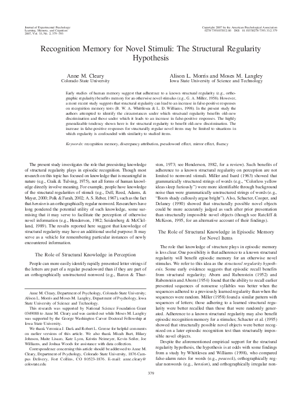 (PDF) Recognition memory for novel stimuli: the structural regularity hypothesis