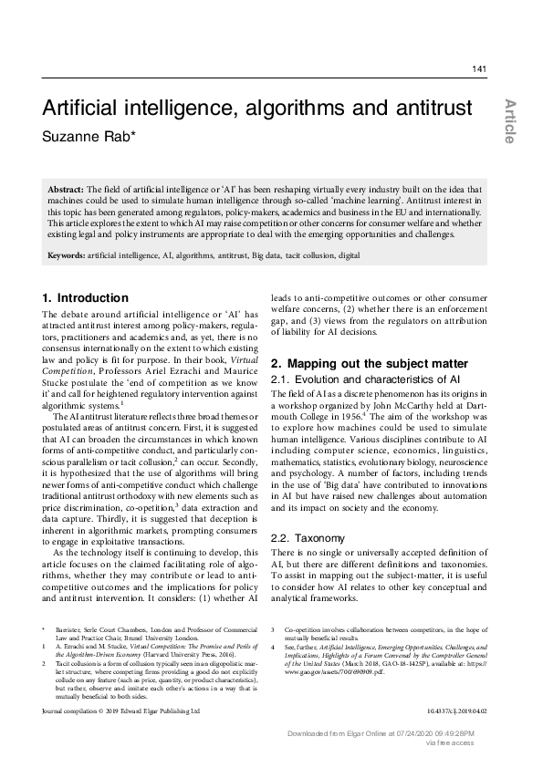 (PDF) Artificial intelligence, algorithms and antitrust