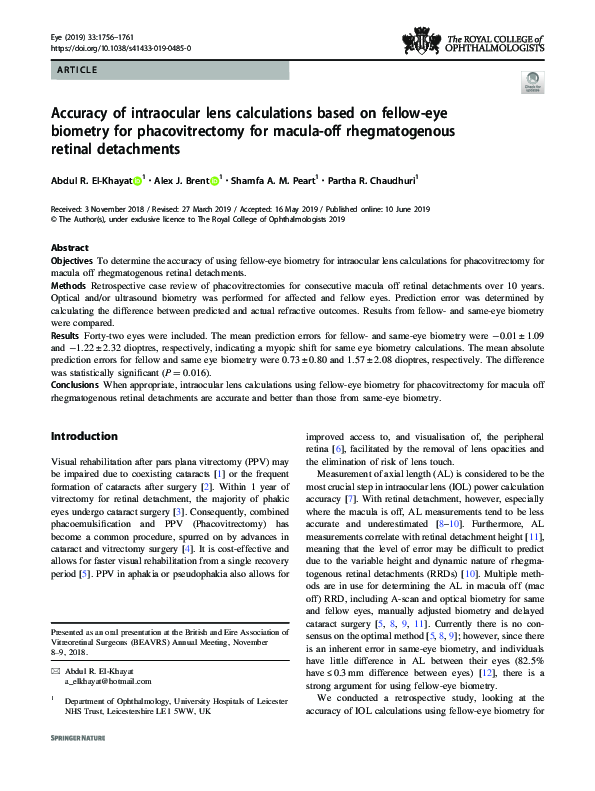 (PDF) Accuracy of intraocular lens calculations based on fellow-eye ...