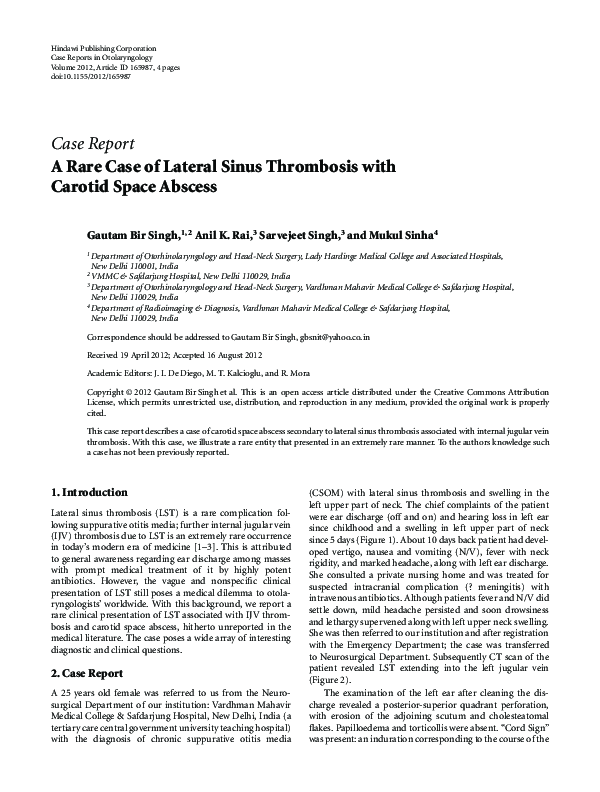 (PDF) A Rare Case of Lateral Sinus Thrombosis with Carotid Space Abscess