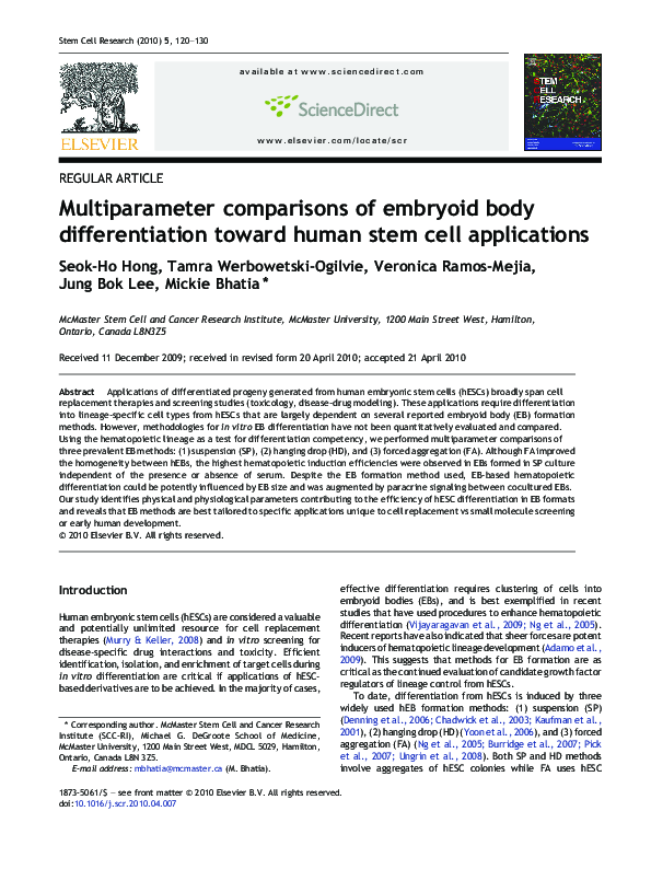(PDF) Multiparameter comparisons of embryoid body differentiation ...