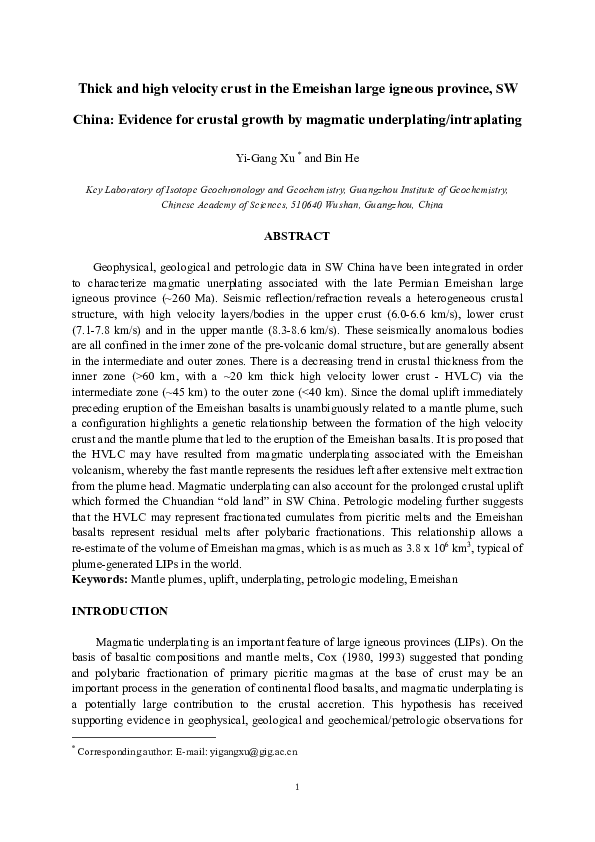 (PDF) Thick, high-velocity crust in the Emeishan large igneous province, southwestern China ...