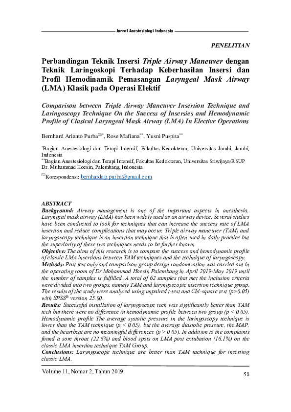 (PDF) Perbandingan Teknik Insersi Triple Airway Maneuver dengan Teknik Laringoskopi Terhadap ...
