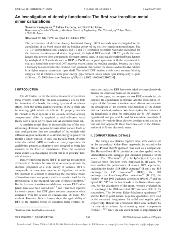 Pdf An Investigation Of Density Functionals The First Row Transition