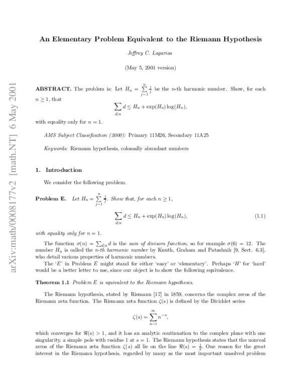 (PDF) An Elementary Problem Equivalent to the Riemann Hypothesis