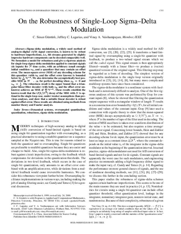 (PDF) On the robustness of single-loop sigma-delta modulation