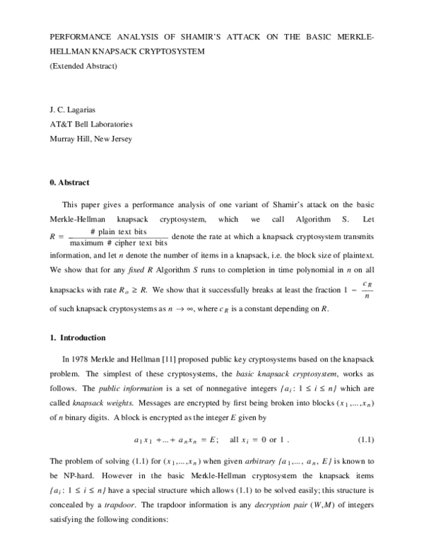 (PDF) Performance analysis of Shamir's attack on the basic Merkle-Hellman knapsack cryptosystem